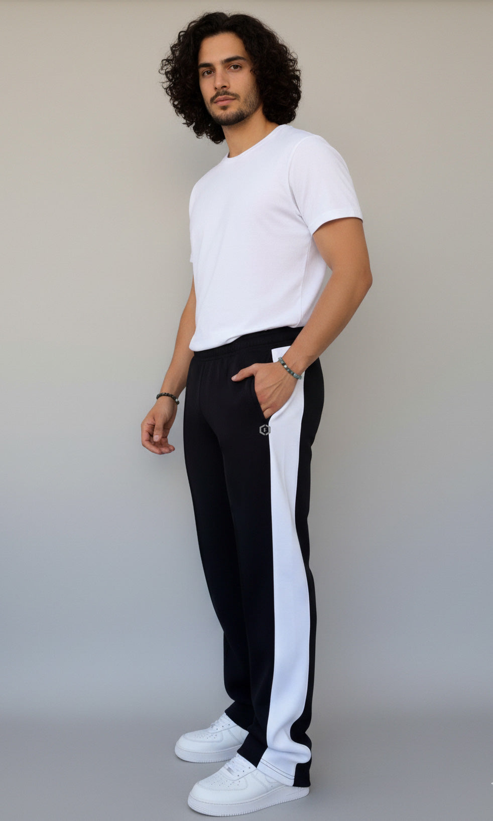 Cotton Blend Men's Track Baggy Pants Black With Mid White Stripe – Febue